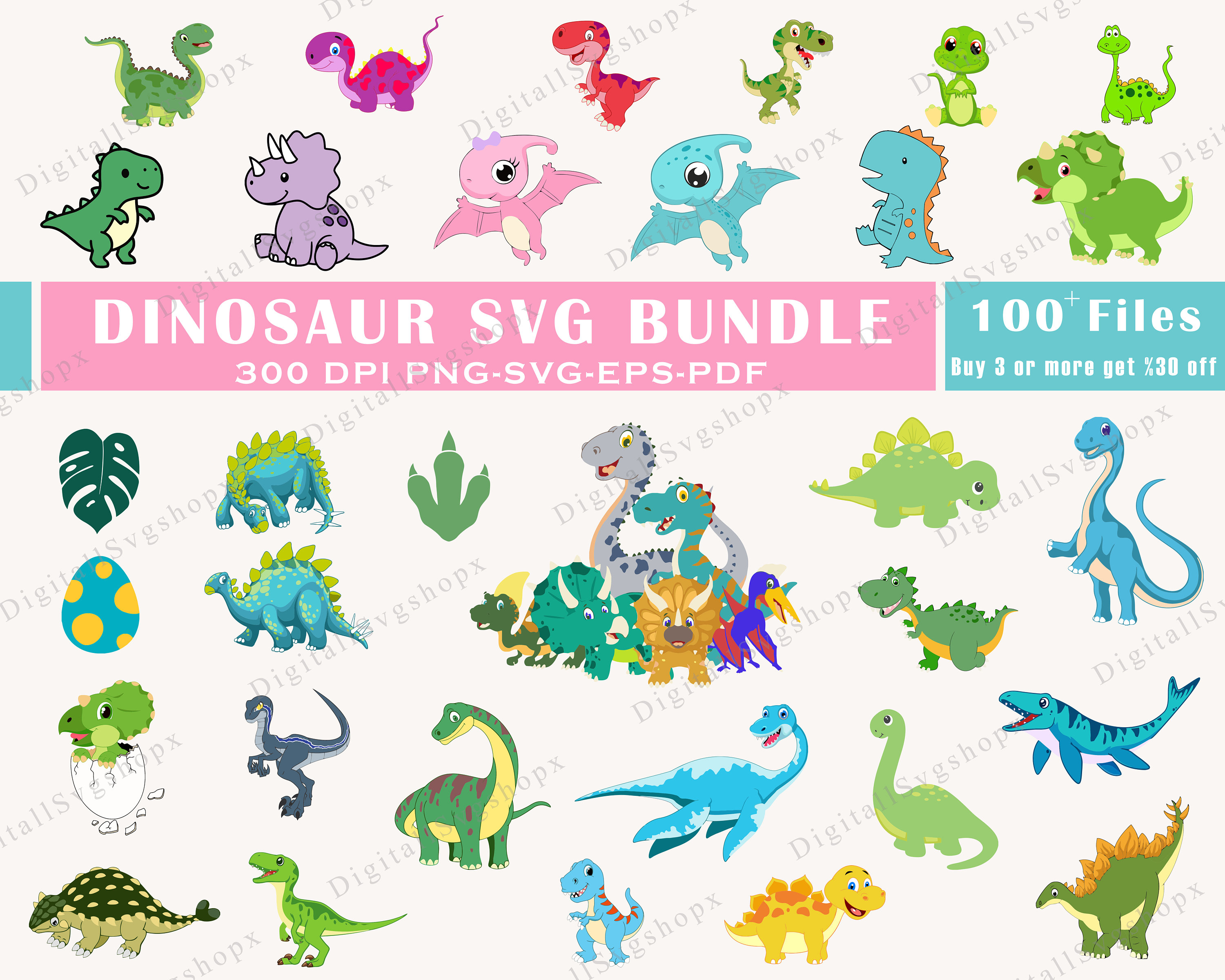 Dinosaur SVG Bundle, T-rex Svg, Dinosaur Cut Files, Cute Dinosaur Svg ...