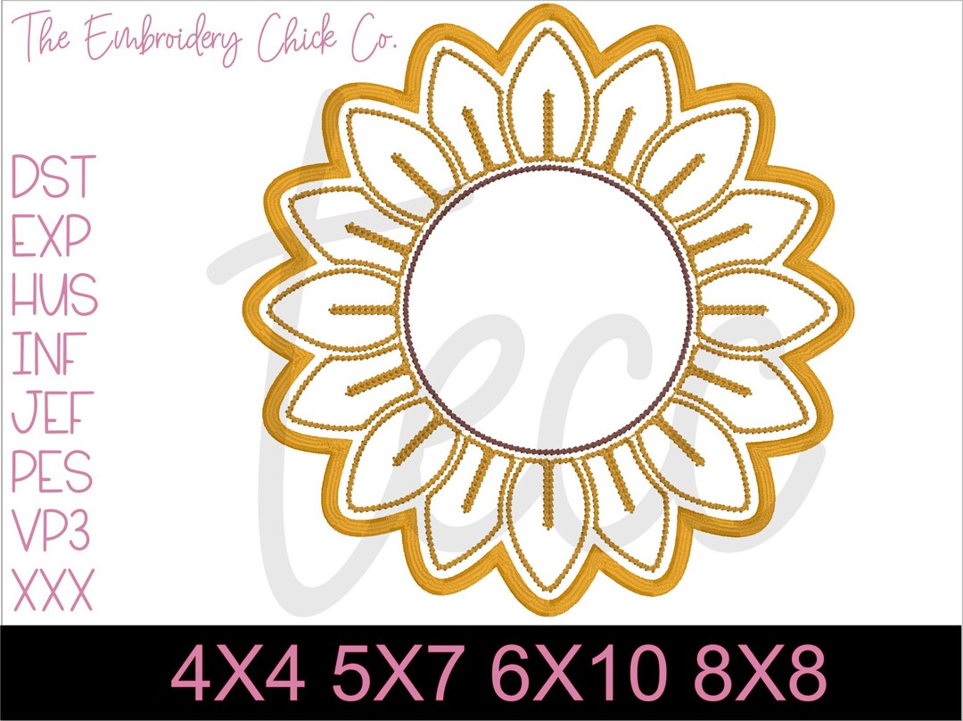 Satin Border Stem Sunflower Monogram Sketch - Machine Embroidery Design ...
