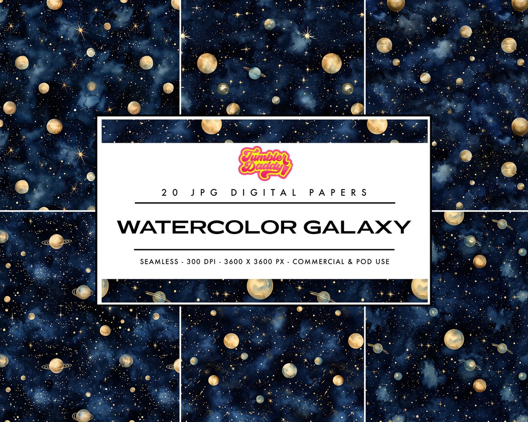 Watercolor Blue and Gold Foil Galaxy Digital Papers, Seamless Cosmic ...