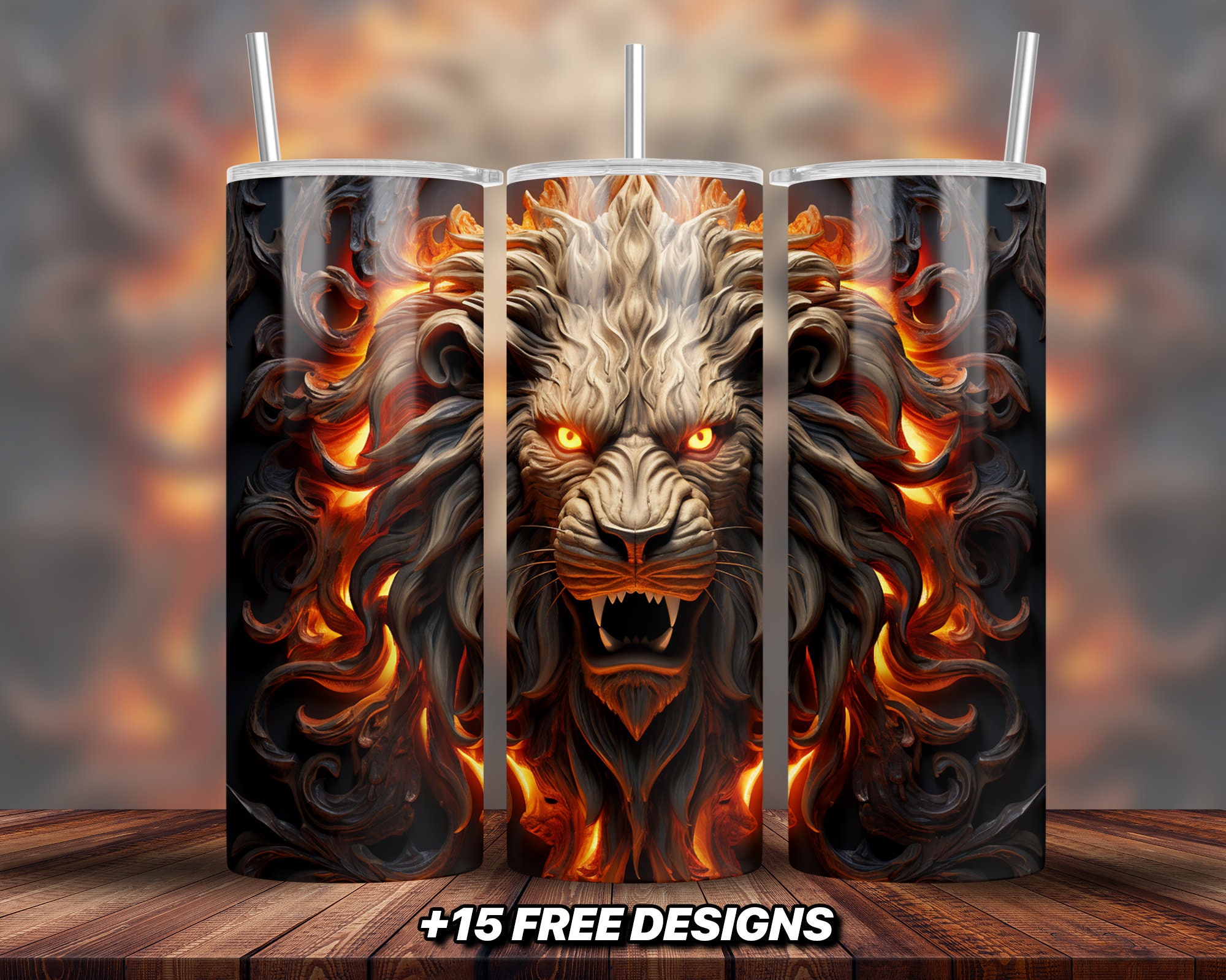 3D Lion Tumbler Wrap | 3D Lion Fire Skinny Tumbler Wrap | Instant ...
