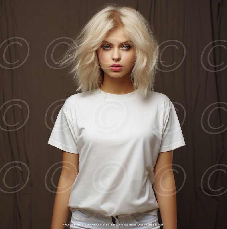 Mockup Set of 3 - White T-shirt Platinum Blonde Female Young Model ...