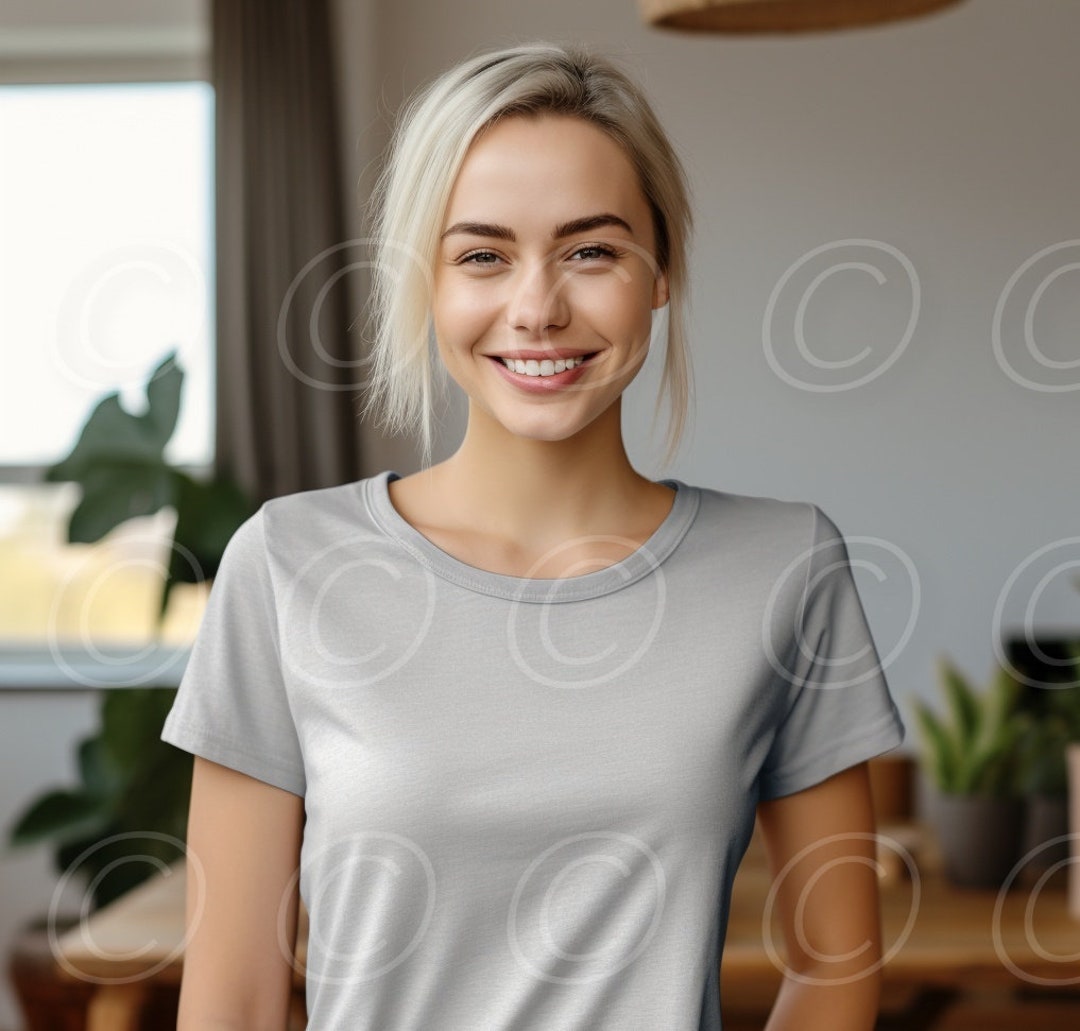 Mockup Set of 4 - Light Grey T-shirt Blonde Female Young Model Females ...