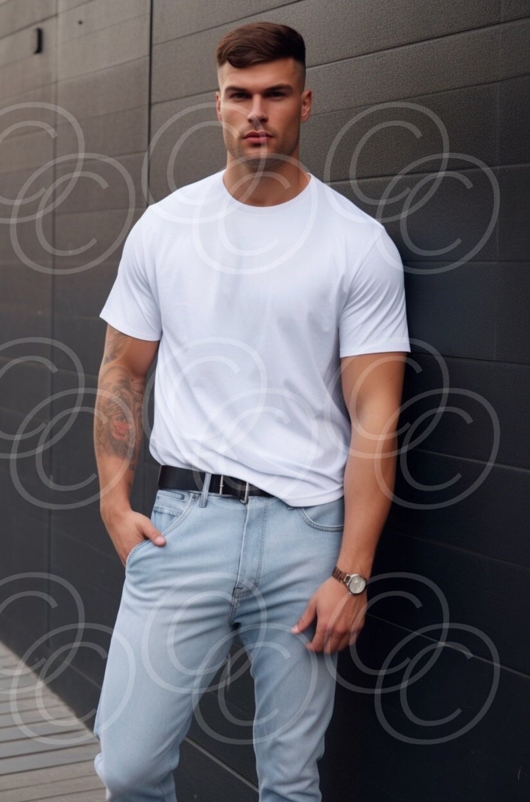 Mockup Set of 4 - White T-shirt Fit Male Young Model Mock up White Mock ...