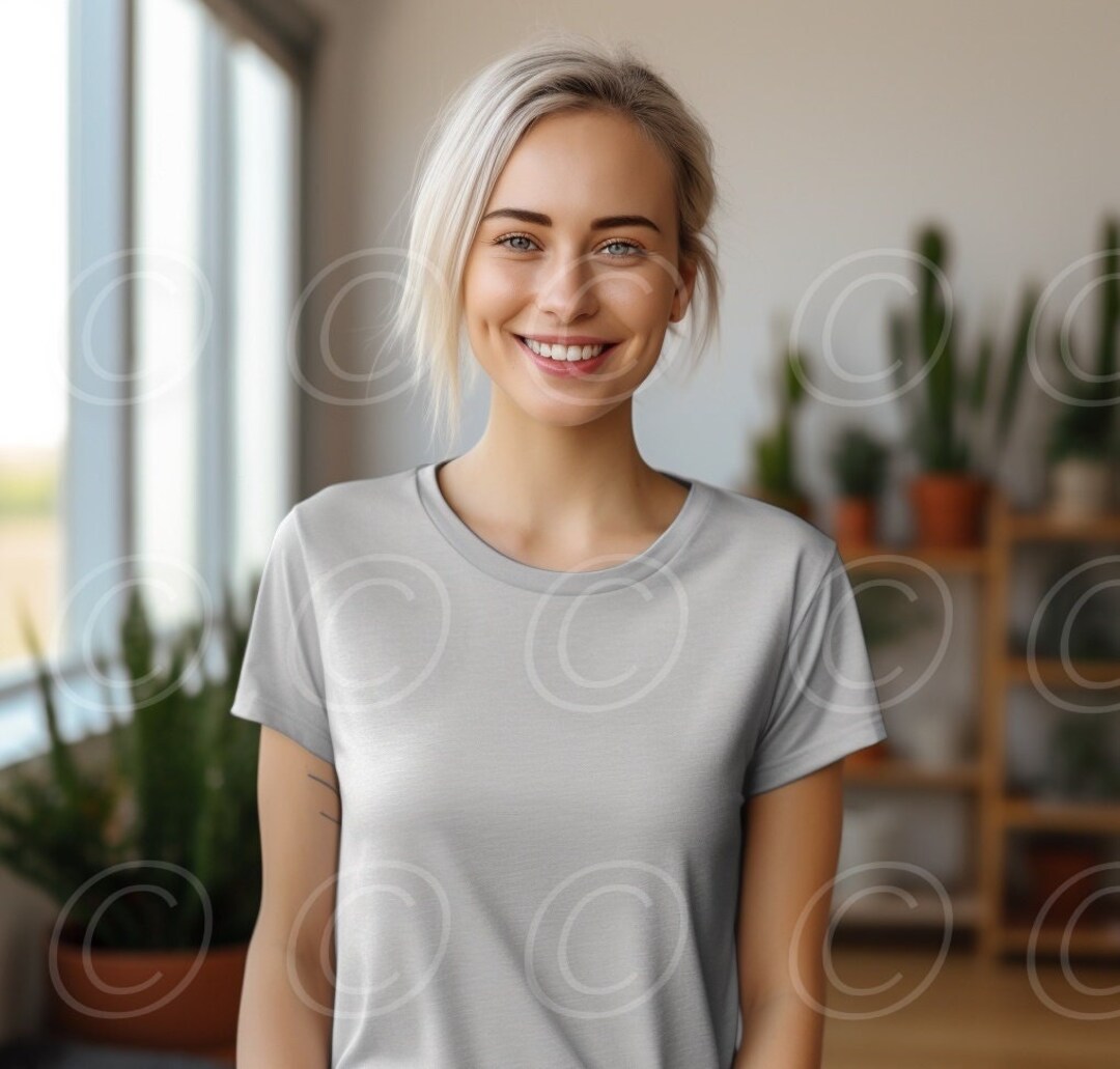 Mockup Set of 4 - Light Grey T-shirt Blonde Female Young Model Females ...