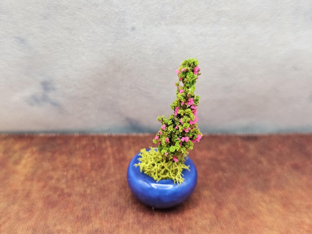 Trimmed Flowering Bush in Round Squat Ceramic Blue Pot Hand Made Scale ...