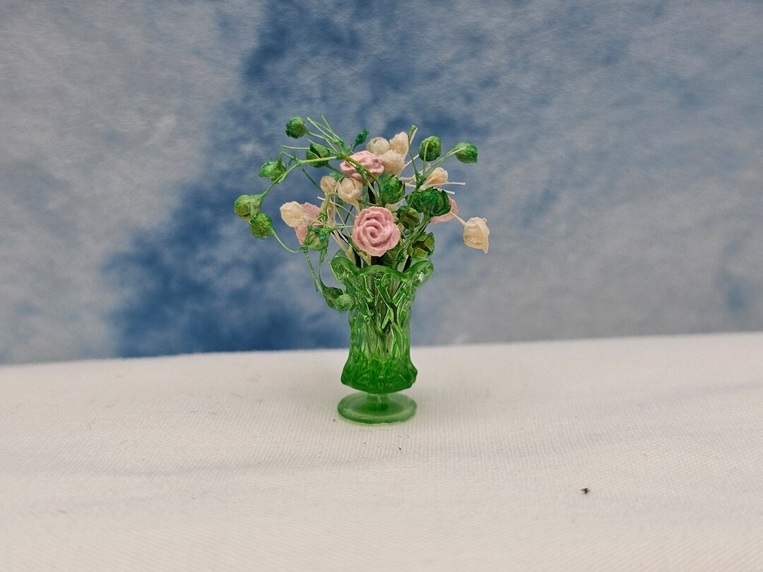 Soft Green Faux Cut Glass Vase With Pink Roses in Foilage Hand - Etsy
