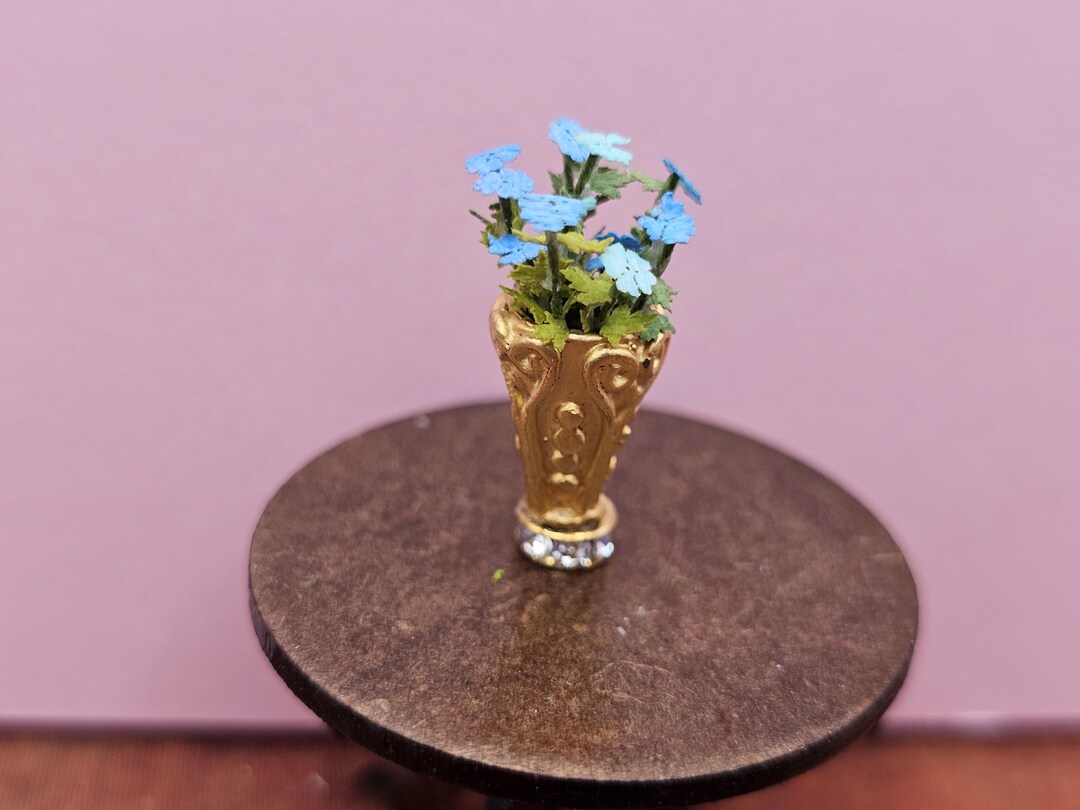 Gold Jeweled Vase With Blue Flowers Hand Made Scale 1:24 1/2 Dollhouse ...
