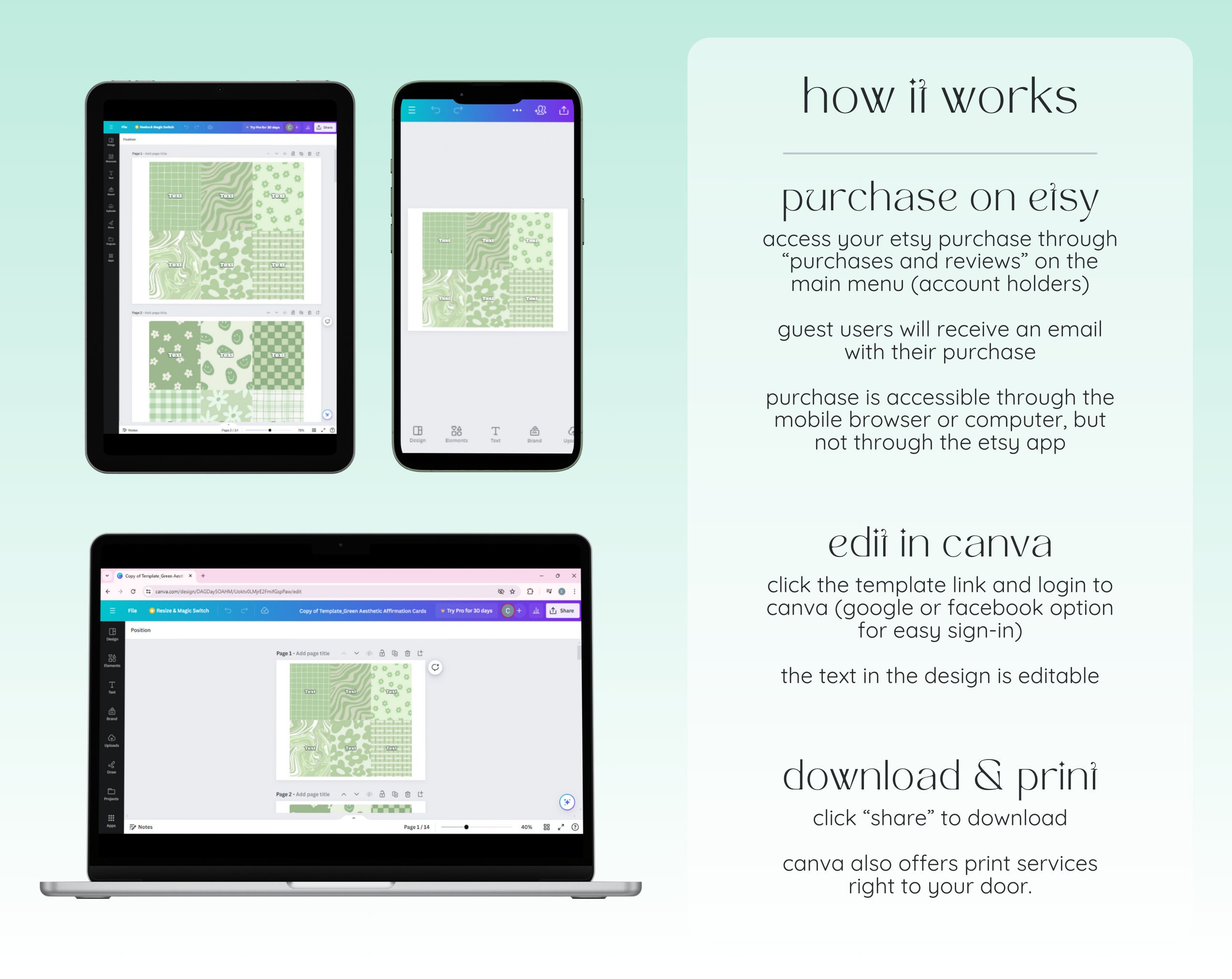 Green Affirmation Cards Canva Template, Craftcore Affirmation Cards ...