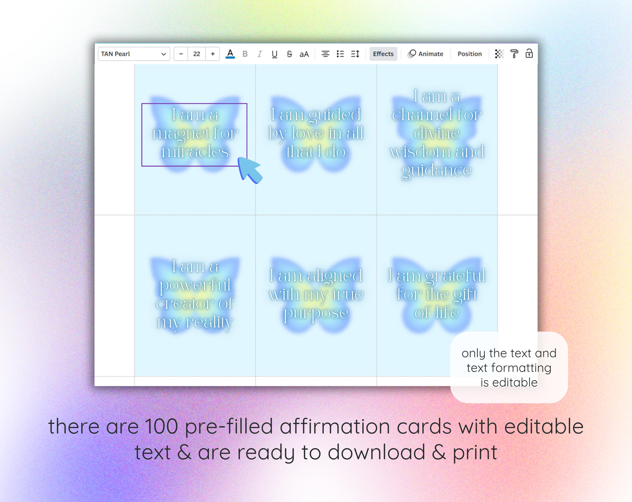 Positive Affirmation Cards Canva Template, Y2K Butterfly Affirmation ...