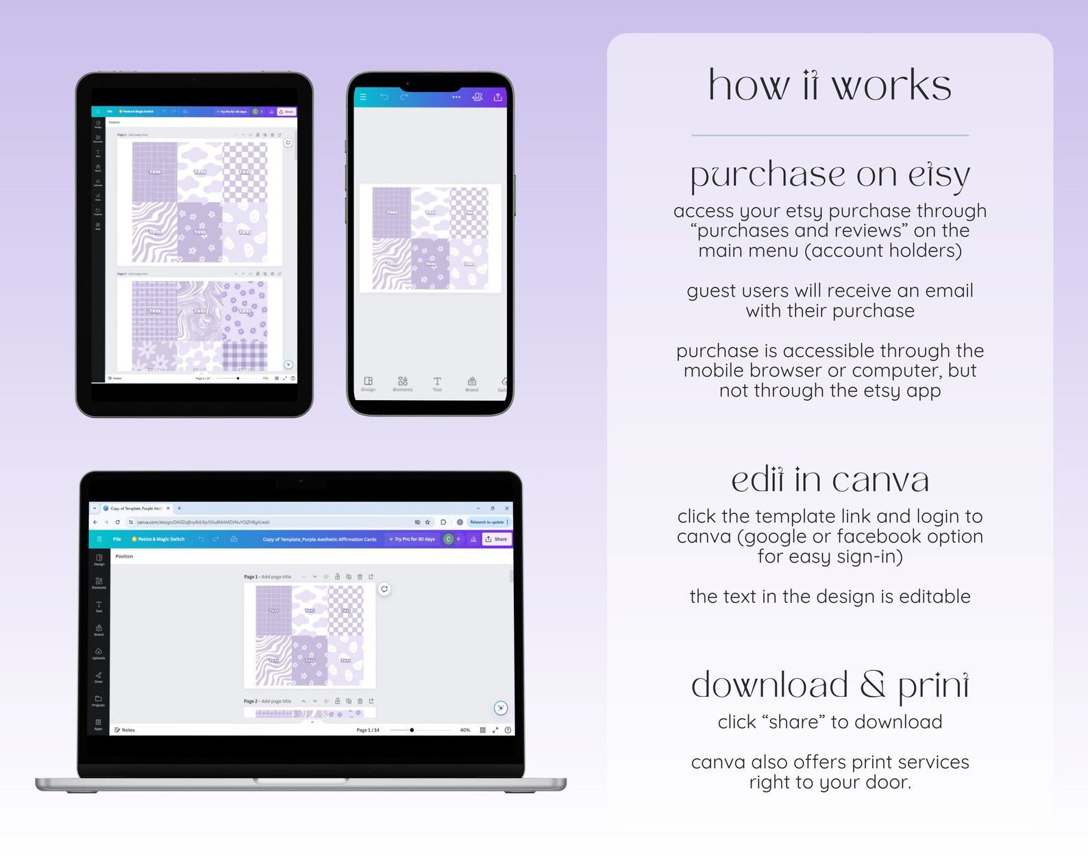 Purple Affirmation Cards Canva Template, Craftcore Affirmation Cards ...