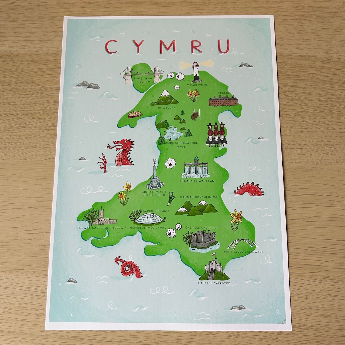 A4 Map of Wales | Illustrated Map, Map O Gymru, Cymru, Cymraeg, Landmarks, Welsh Dragon ...