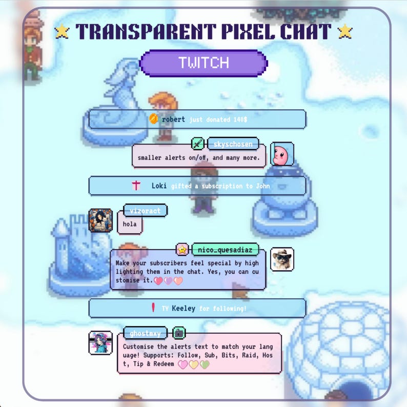 Twitch Glass Pixel Chat With Avatars | Animated Cute Transparent Style ...