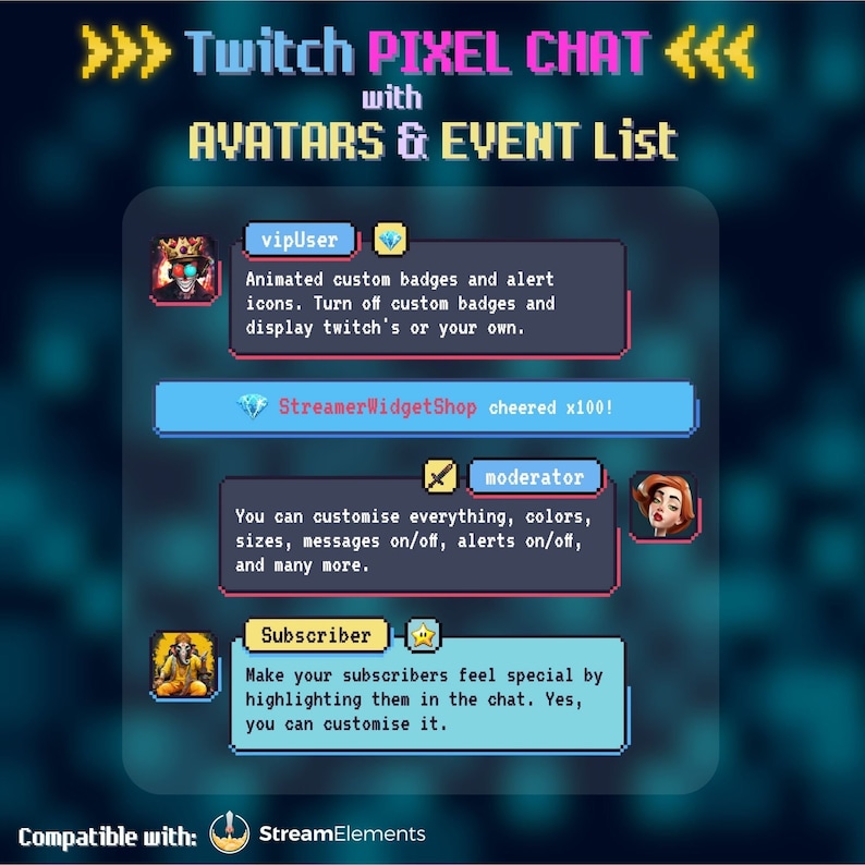 Twitch Pixel Chat AVATARS, Event List, Animated Badges, Emotes ...