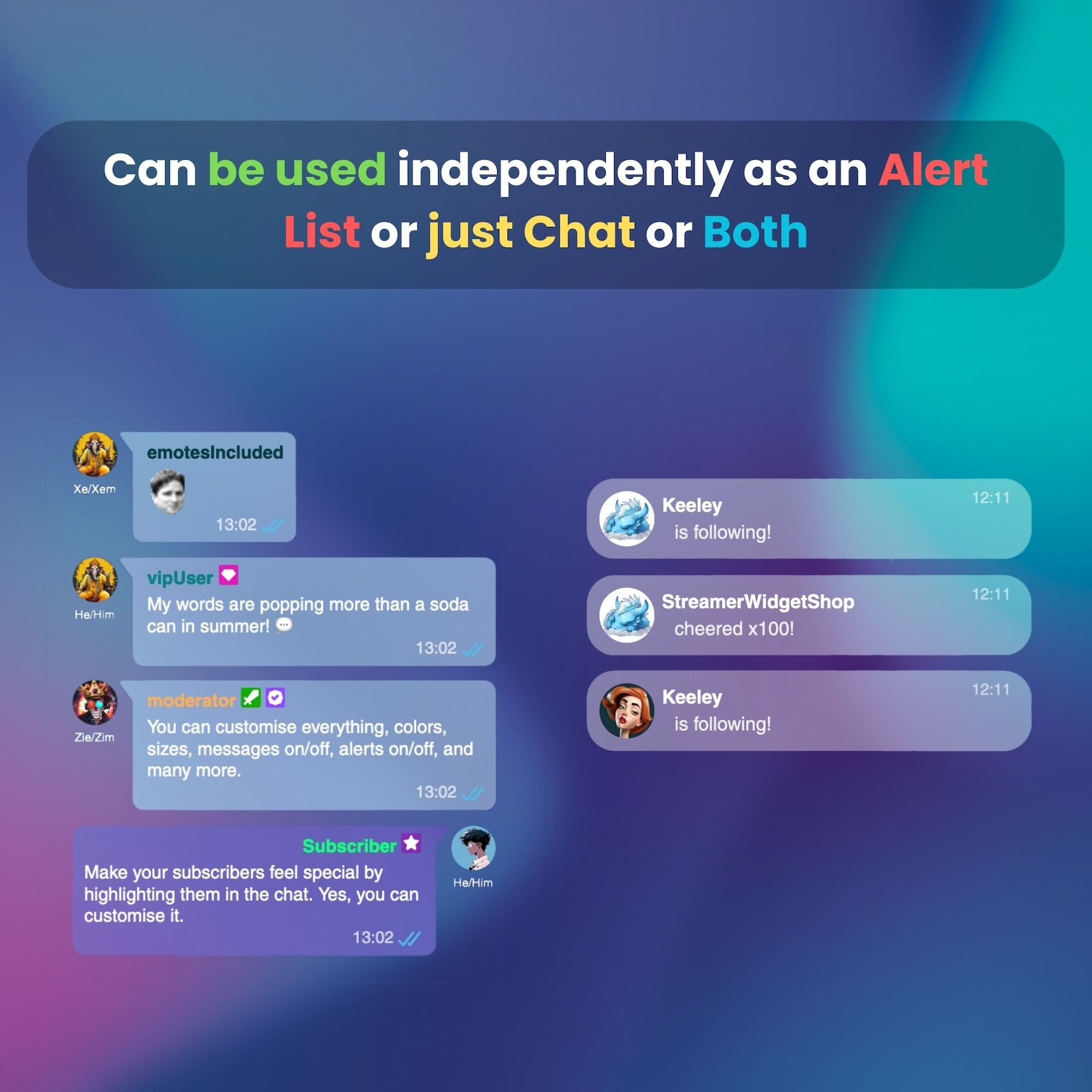Flexible Twitch Chat With Avatars Alerts and Pronouns, Emotes ...
