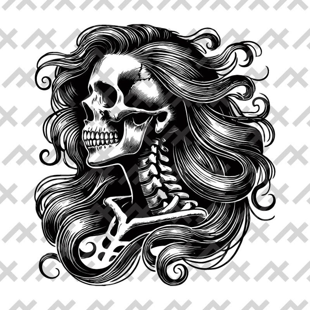 Gothic Skeleton Woman Art: Tattoo Style Skull With Flowing Hair (SVG ...