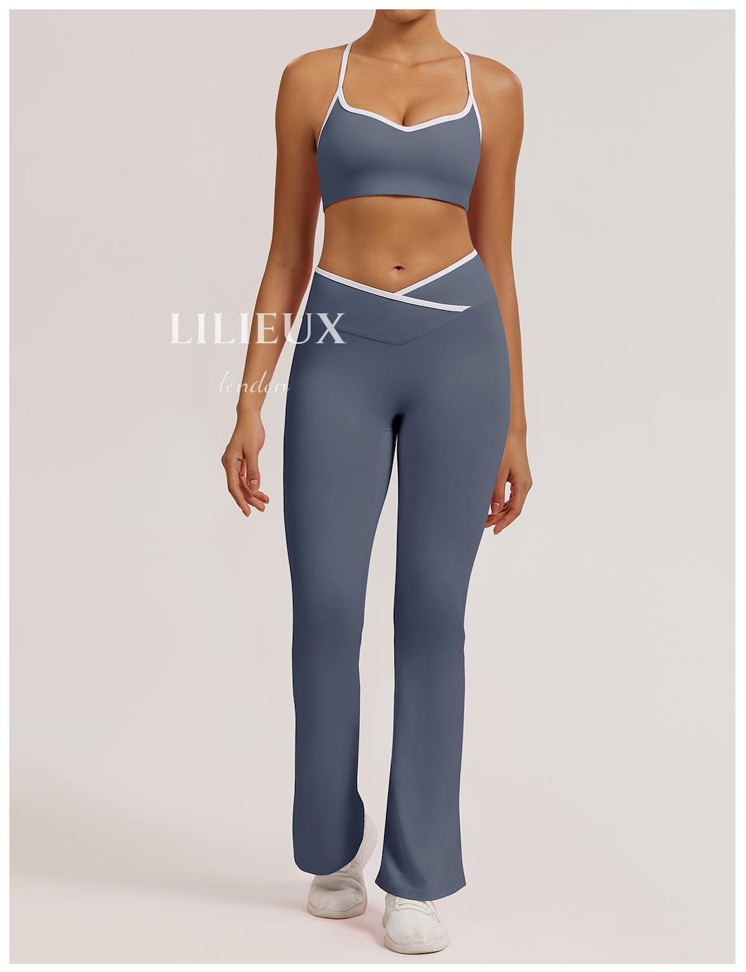 2-piece Yoga Set | Contrast Trim Bra Top & Cross Waist Flare Leggings ...