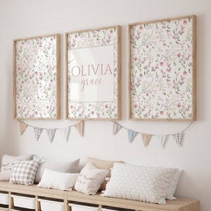 Sage and Pink Nursery Wall Prints for Girl Bedroom, Personalized Baby ...