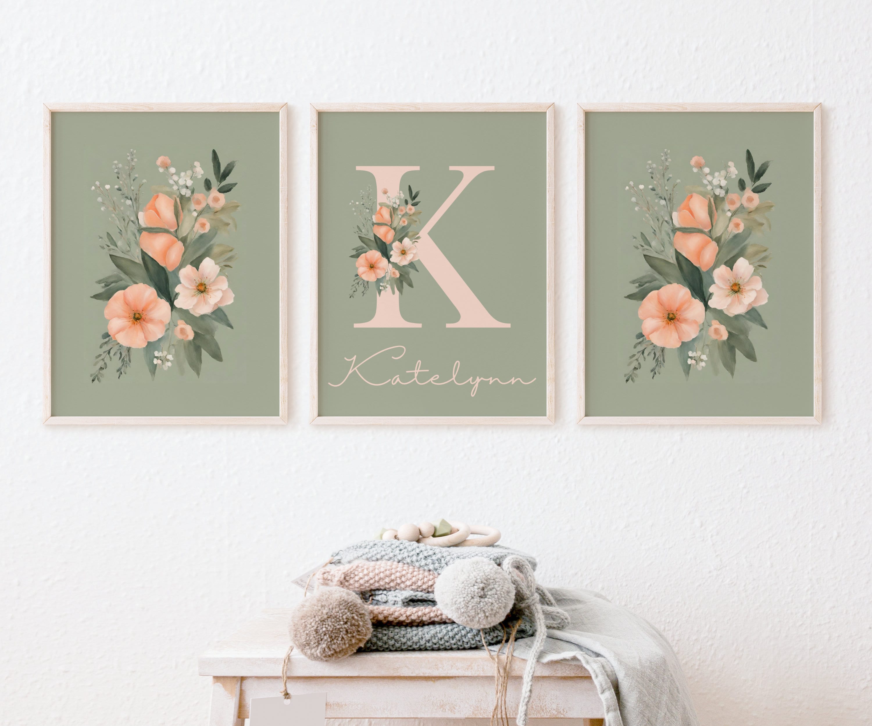 Sage Blush Nursery Wall Art for Baby Girl Bedroom Custom Girl Name With ...