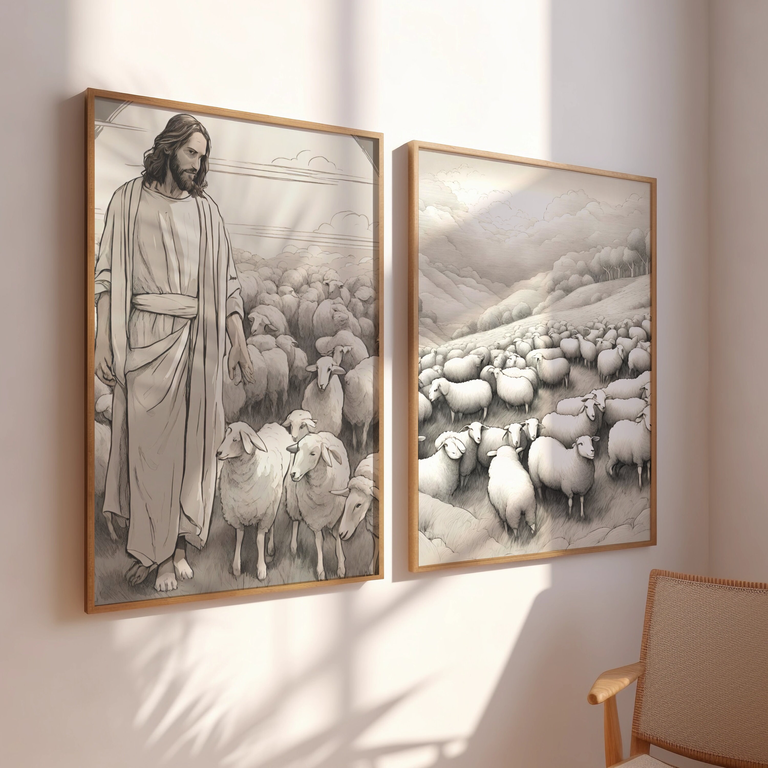 Modern Christian Art Sheep Jesus Leaves 99 Parable Bible Art Sketch ...
