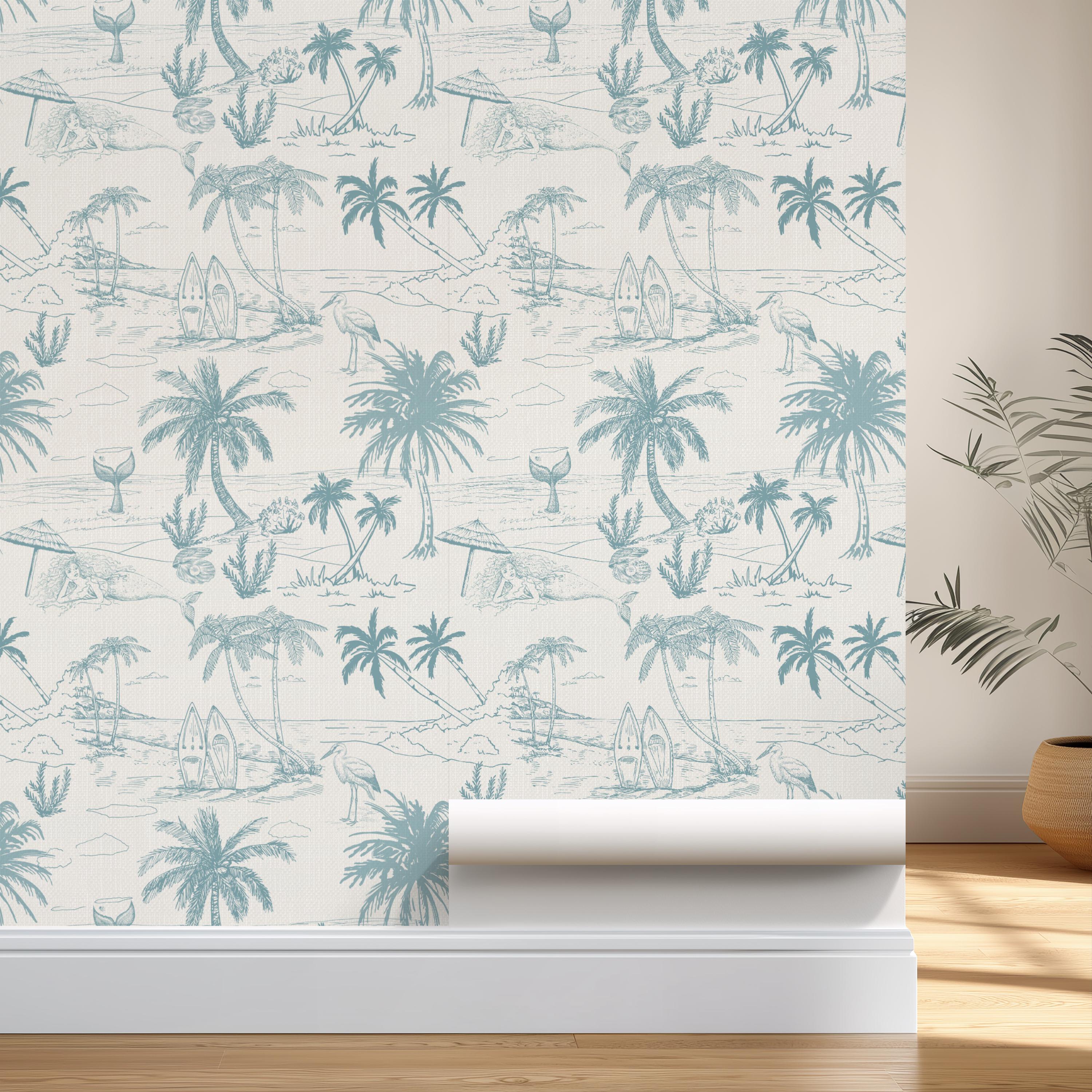 Coastal Toile Peel and Stick Wallpaper Beach House Faux Linen Wall ...