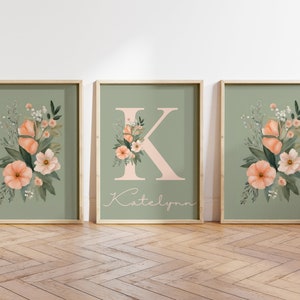 Sage Blush Nursery Wall Art for Baby Girl Bedroom Custom Girl Name With ...