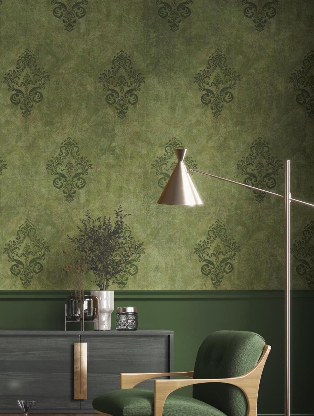 Weathered Green Damask Wallpaper Vintage Floral Textured Wall Mural