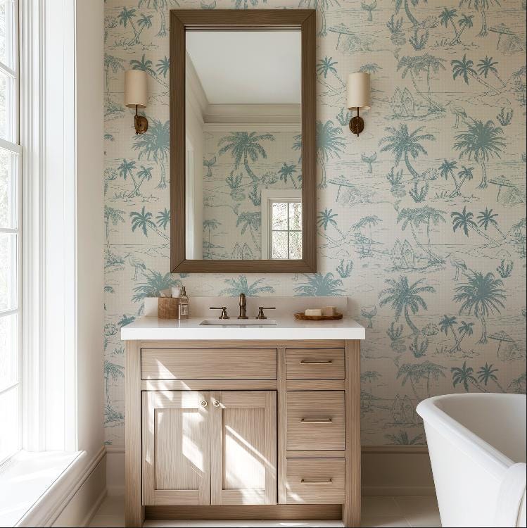 Coastal Toile Peel and Stick Wallpaper Beach House Faux Linen Wall ...