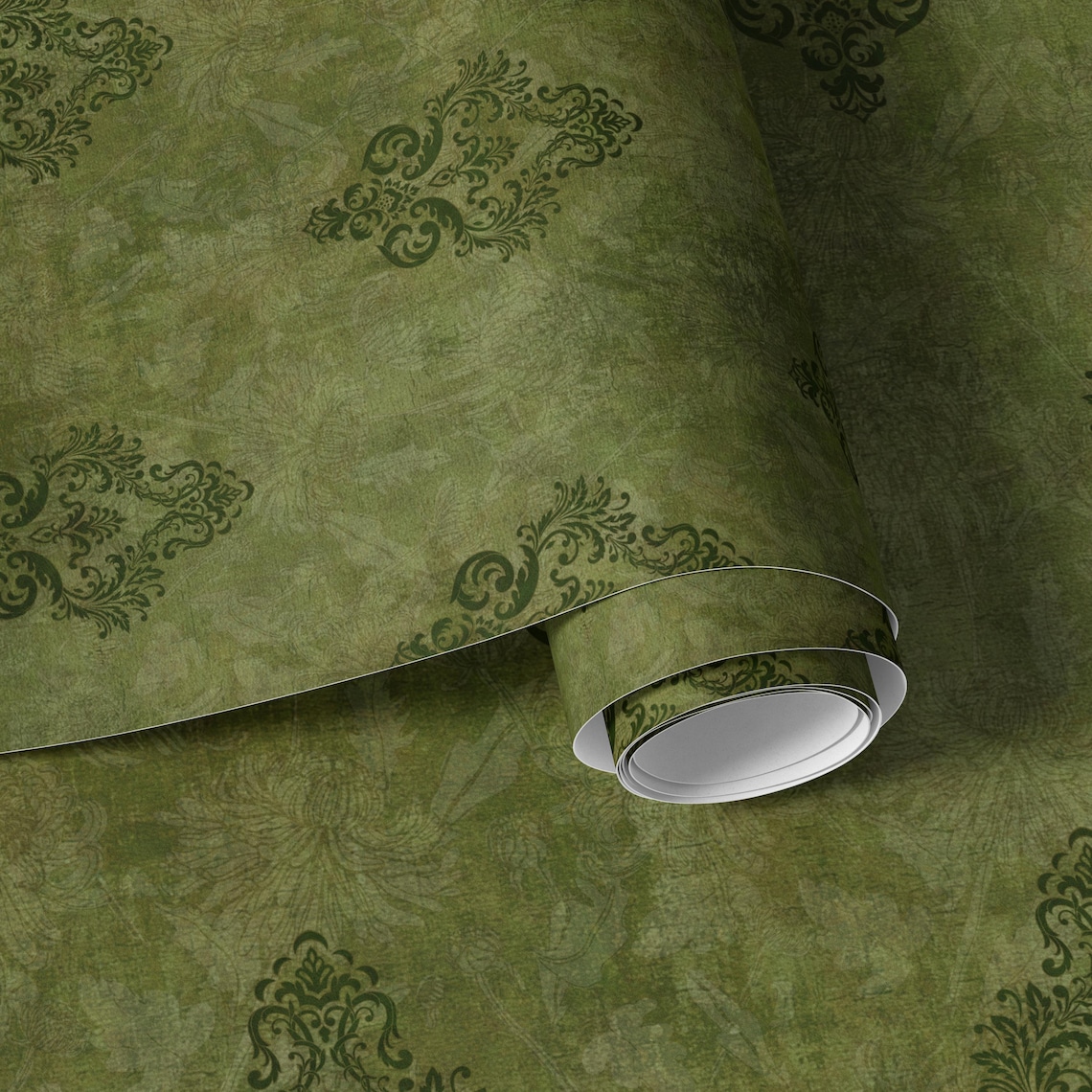 Weathered Green Damask Wallpaper Vintage Floral Textured Wall Mural