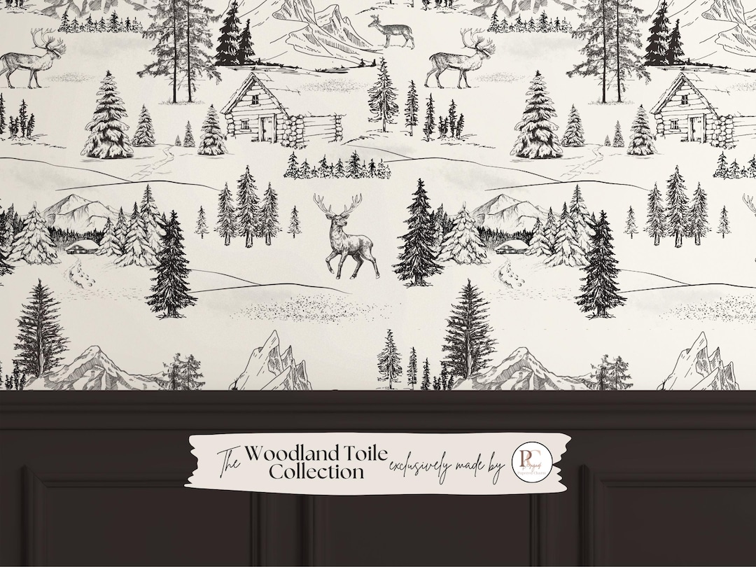Rustic Forest Toile Wallpaper | Charcoal Woodland Lodge Wall Mural ...