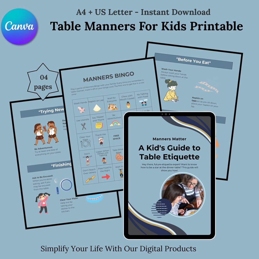 Kids Table Etiquette Learning, Kids Behavior Chart Activity, Etiquette ...