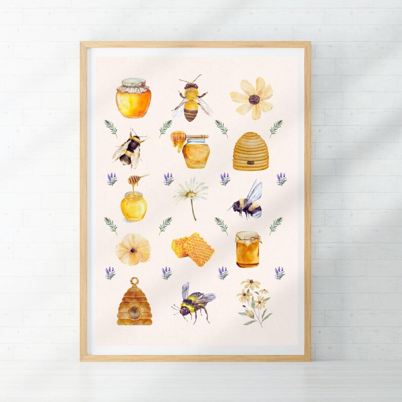 Honeybee Cottagecore Printable Wall Art, Watercolor Bee & Honey Print ...