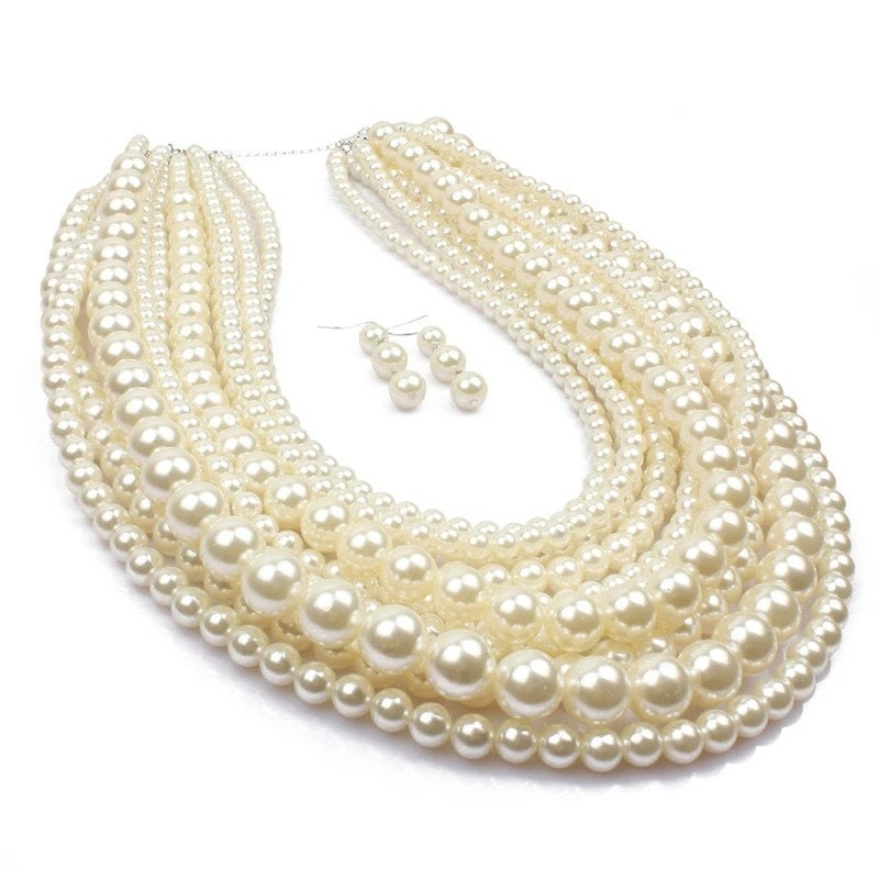 Luxurious Multi-layered Pearl Necklace and Earring Set, Elegant Bridal ...