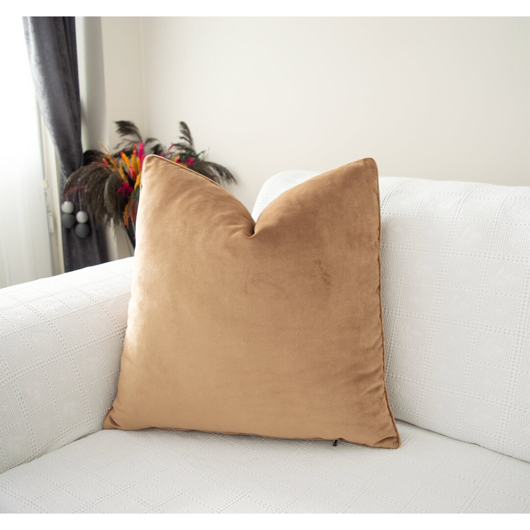 Velvet Solid Mocha Throw Pillowcase, Caramel Cushion With Cording ...