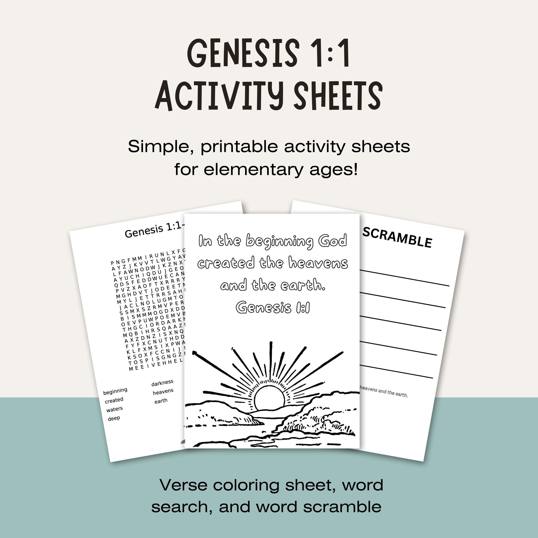 Genesis 1:1 Activity Sheets & Coloring Page DIGITAL DOWNLOAD ...