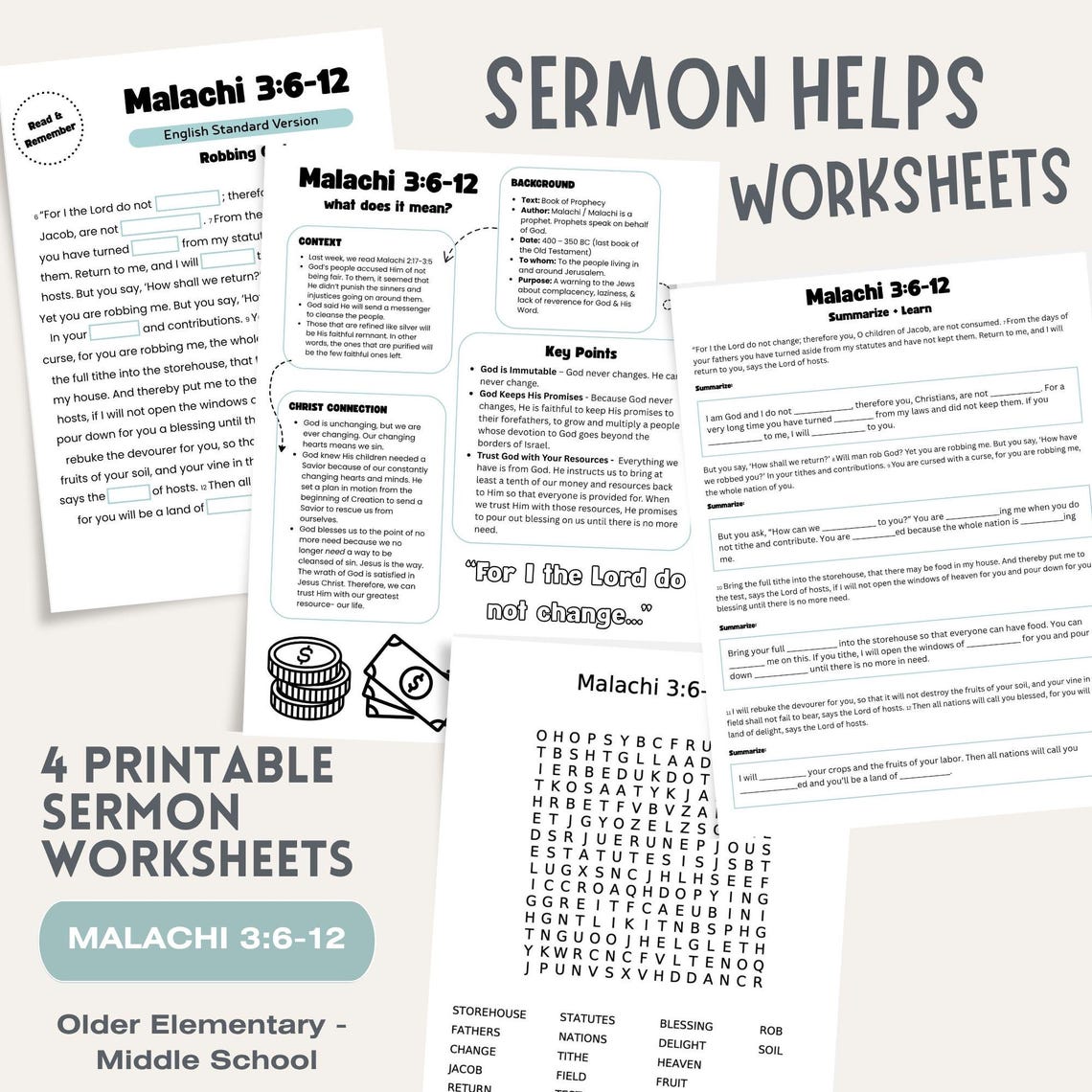 Malachi 3:6-12 - Sermon Helps Worksheet - Activity Sheet, Coloring ...