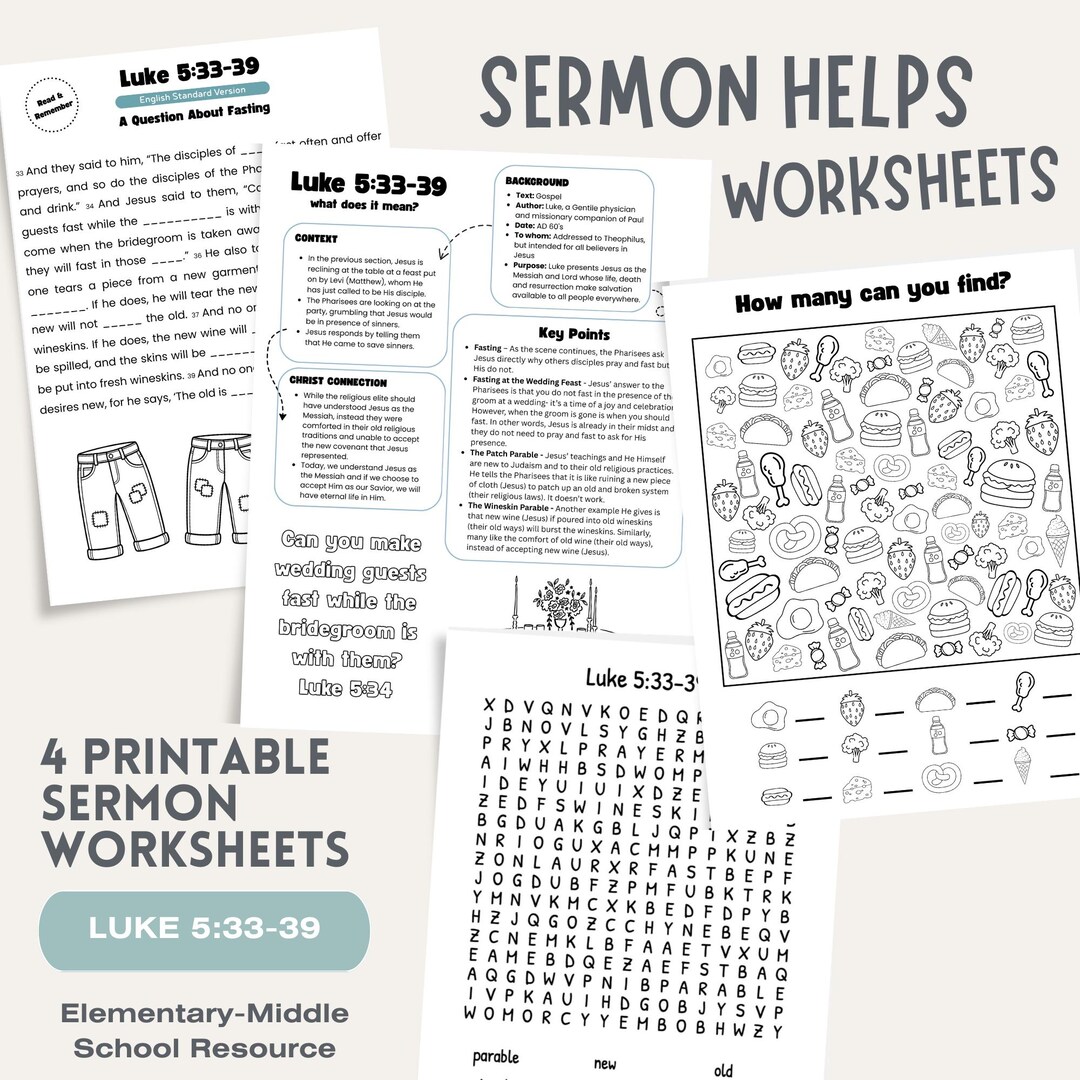 Luke 5:33-39 - Sermon Helps Worksheet - Activity Sheet, Coloring, Word ...