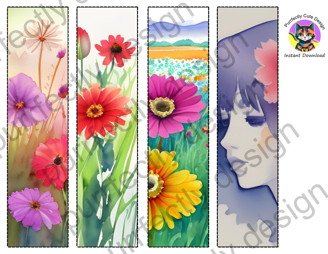 Watercolor Bookmarks Flowers Set of Four, Sized 2"x8" , Instant ...