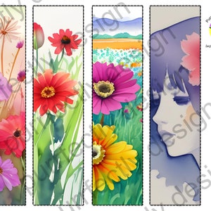 Watercolor Bookmarks Flowers Set of Four, Sized 2"x8" , Instant ...