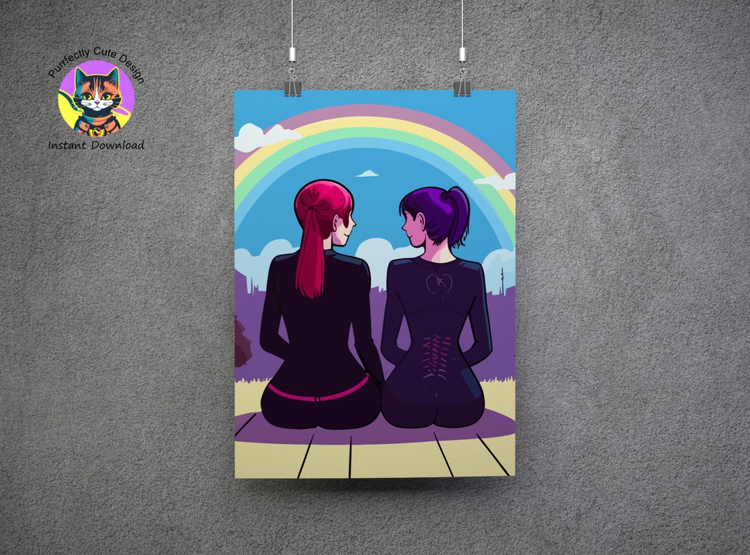 Two Goth Girls Sitting Together Under the Rainbow,home Decor, Instant ...