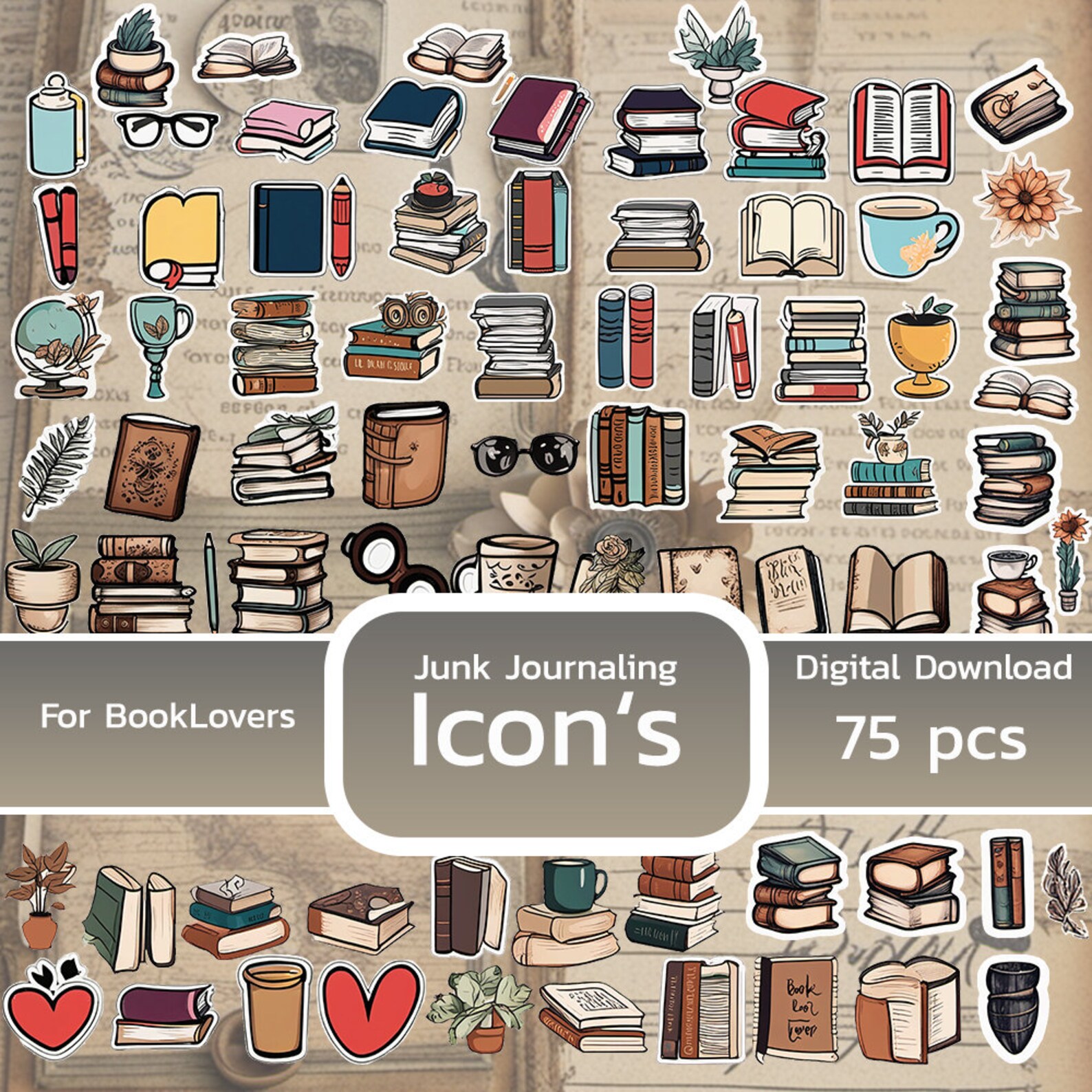 Book Lovers Junk Journaling, 75 Icons Bundle, Book Sticker Png Lover ...