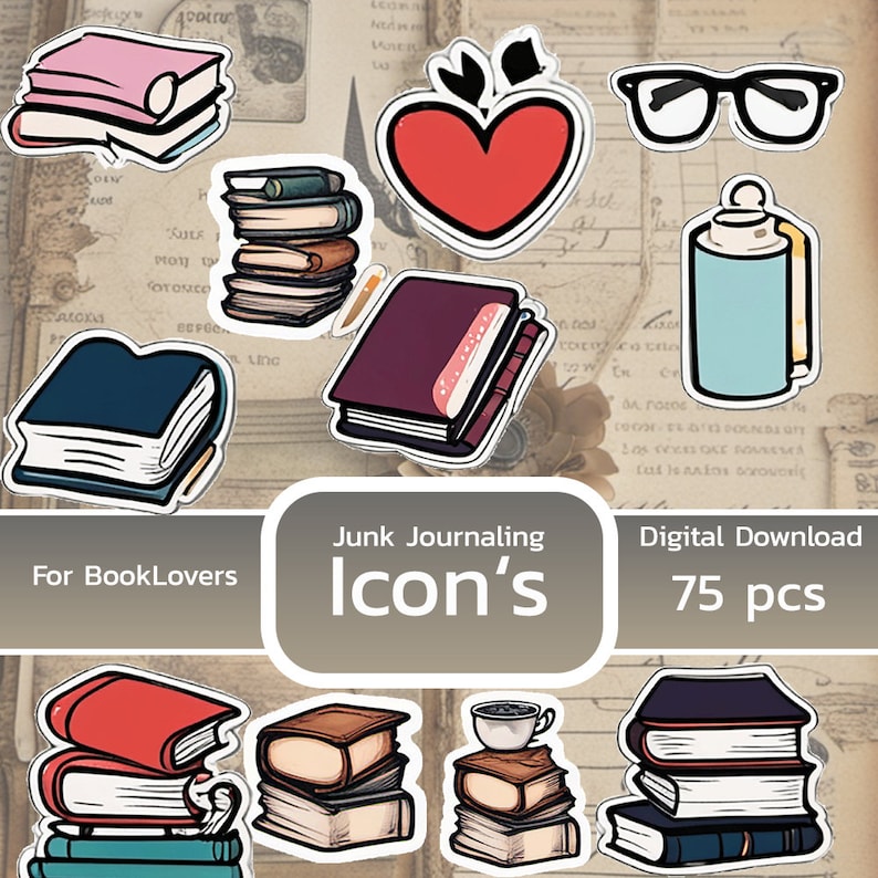 Book Lovers Junk Journaling, 75 Icons Bundle, Book Sticker Png Lover ...