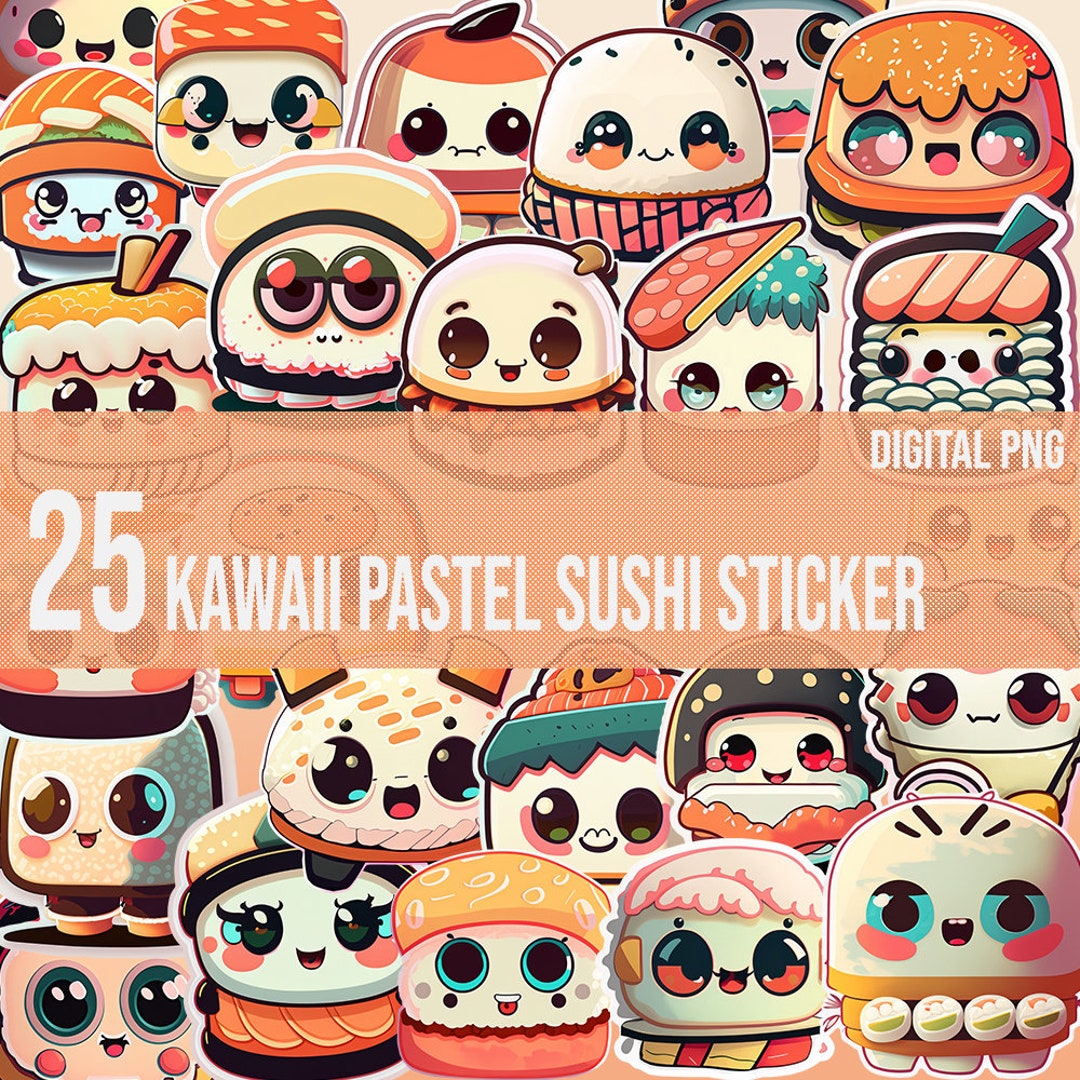 25 Adorable Sushi Kawaii Style Stickers in Pastel Colors. Digital PNG ...