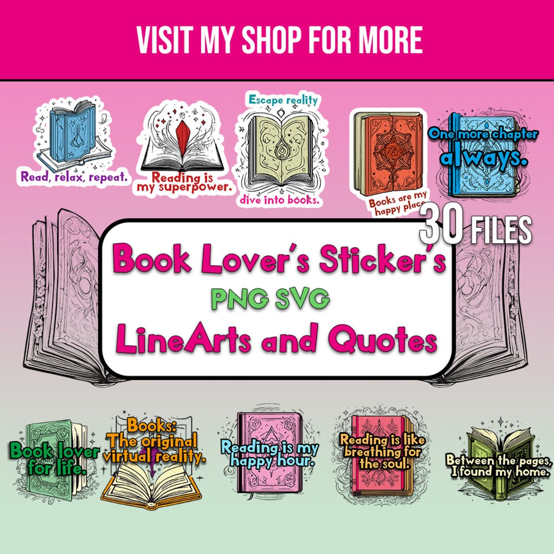 Book Lovers Sticker Bundle Quotes and Lineart, Book Sticker Png SVG ...
