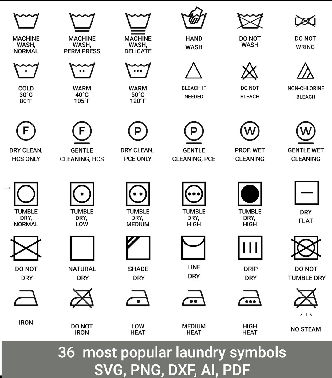 Laundry Symbols Printable Vector Bundle: Textile Care Symbols SVG, AI ...