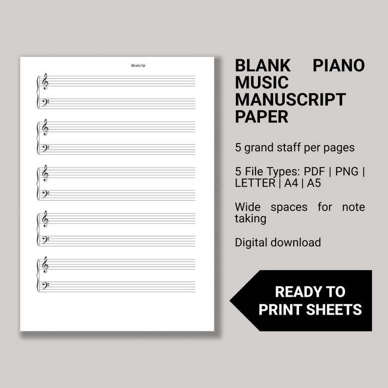 Printable Music Manuscript PDF: 5 Grand Staff for Piano Students - Etsy