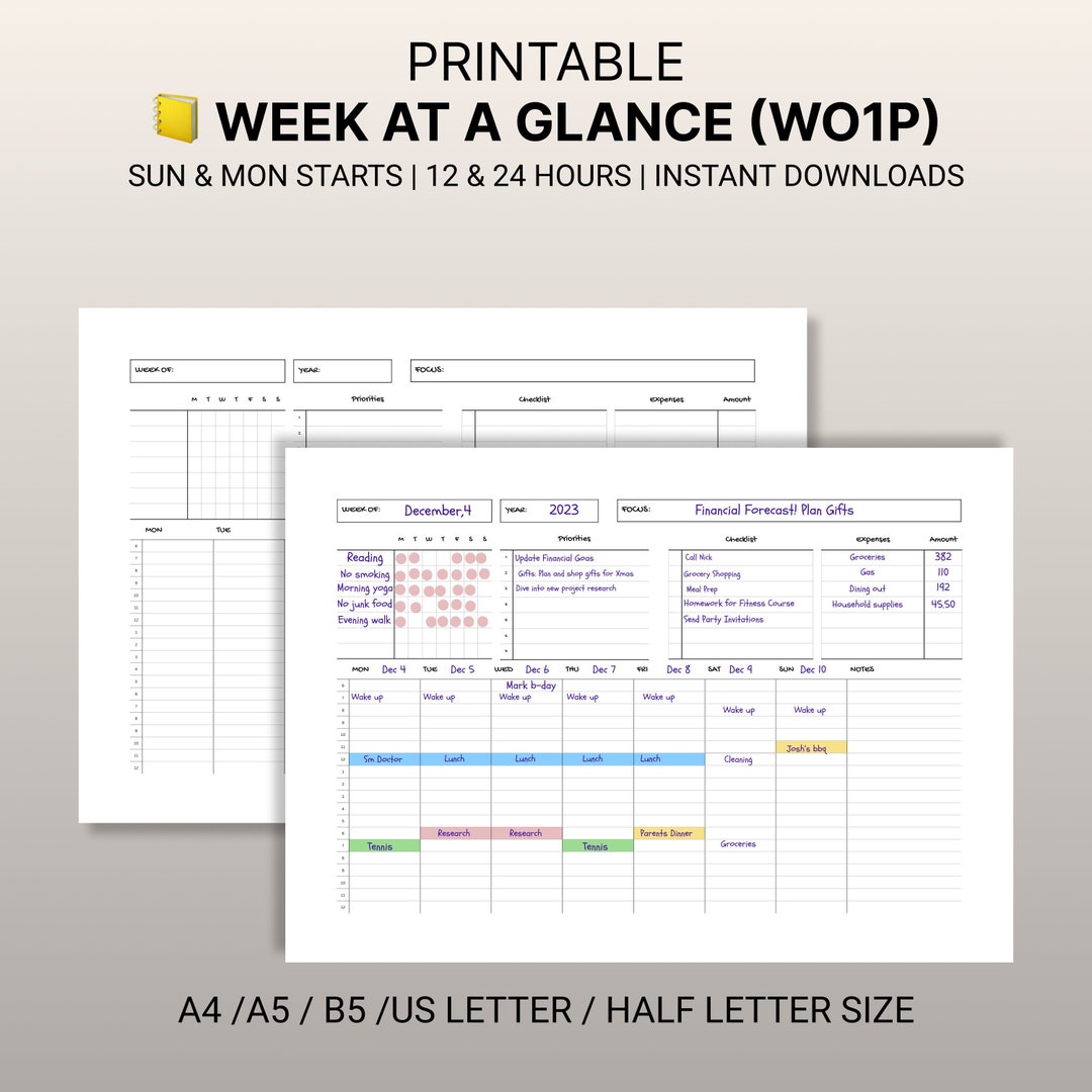 Simple Printable Inserts With a Week at a Glance | A4, US Letter ...