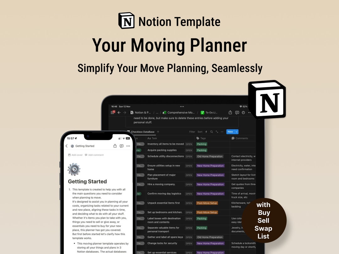 Home Moving Planner for Notion | House Move Tracker With Crate Packing ...