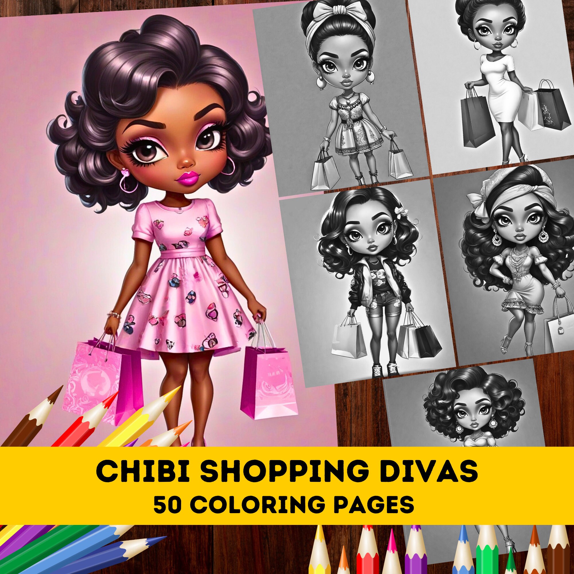 50 Cute Chibi Shopping Divas Cute Chibi Girls Grayscale Coloring Pages ...