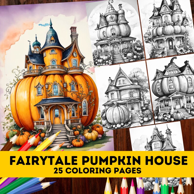 25 Fairytale Pumpkin House Grayscale Coloring Pages| Fantasy Pumpkin ...