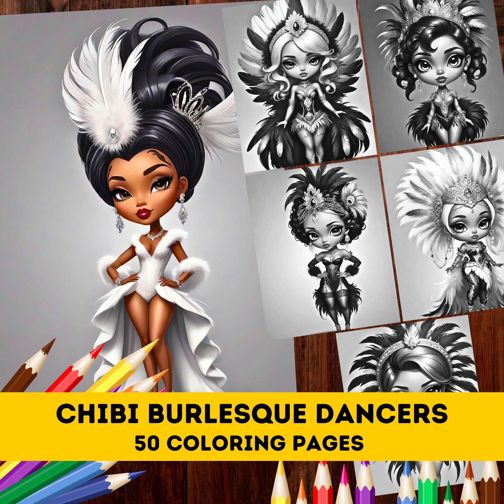 50 Cute Chibi Burlesque Dancerspin-up Ladies Grayscale Coloring Pages ...